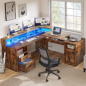 YITAHOME L Shaped Desk with Power Outlets & LED Lights, 60" Corner Computer Desk with Drawers & Lift Top, Home Office Desk with Monitor Stand & File Cabinet, Wood Height Adjustable Desk, Rustic Brown