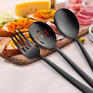 E-far Matte Black Serving Utensils Set of 6, Stainless Steel 8.7 Inch Hostess Serving Set with Square Edge, Metal Serving Slotted Spoons Forks for Party Buffet Catering