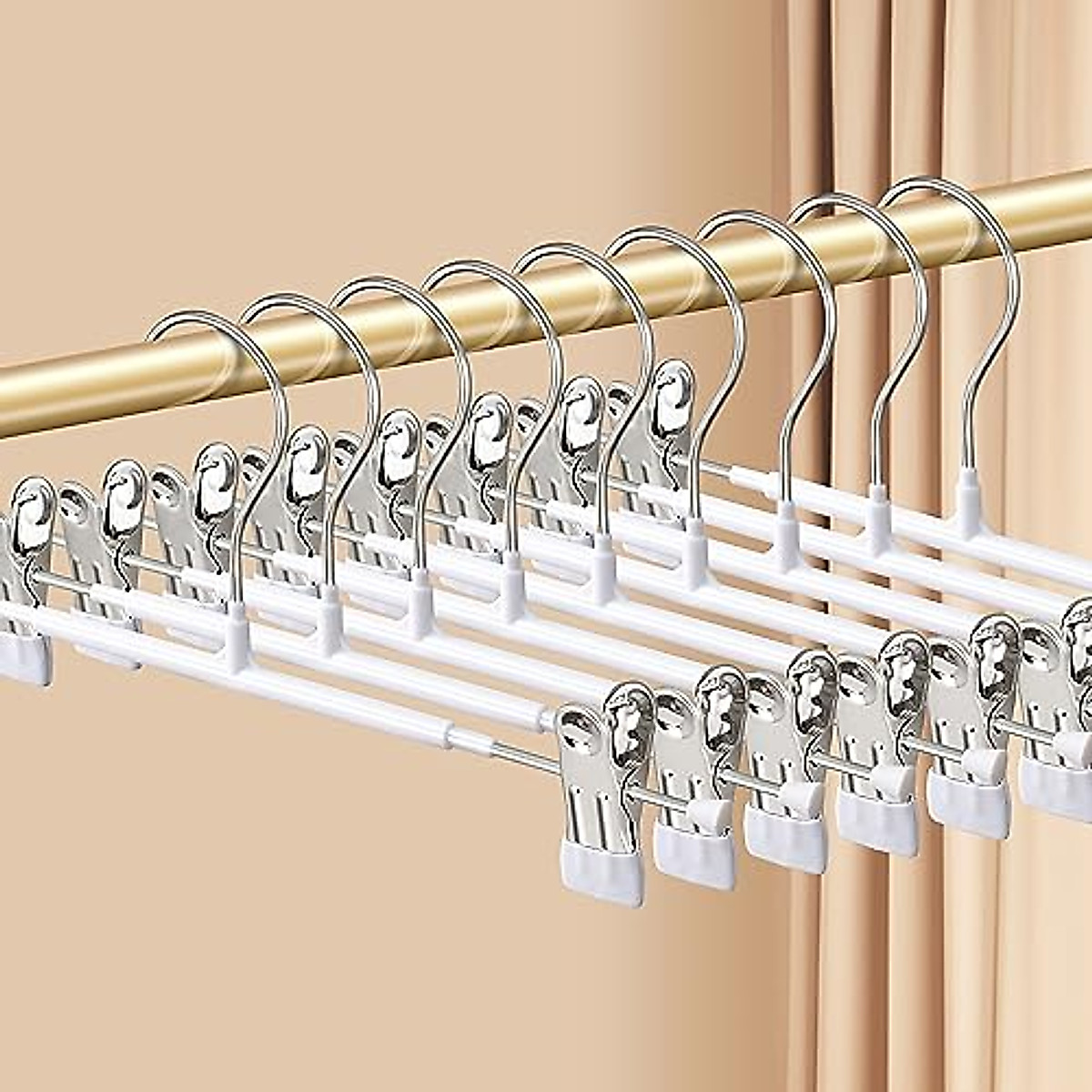 HWAJAN Pants Hangers with Clips 10 Pack Adjustable Skirt Hangers for Women Non-Slip Trousers Hanger for Jeans Clothes Hangers for Pants Heavy Duty Space Saving Shorts Hangers,White,12Inch