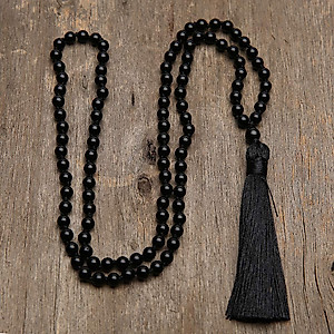 BALIBALI 8MM Beads Chakra Long Mala Necklace Natural Stone Meditation Statement Necklace Japa Yoga Rosary Prayer Charm Beaded Tassel Necklace (Black Agate)
