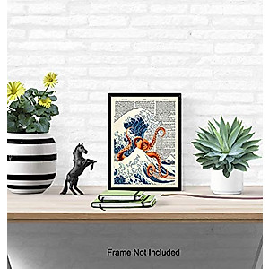 Japanese Kanagawa Wave Octopus Dictionary Wall Art Decor - Retro 8x10 Upcycled Home Decoration for Office, Apartment, Beach House, Living Room, Bedroom, Bathroom - Gift for Steampunk, Goth, Ocean Fans