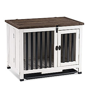 MCombo Wooden Dog Crate Furniture, Portable Foldable Dog Kennel End Table, Solid Wood Indoor Cage with Tray (Small, White and Brown)