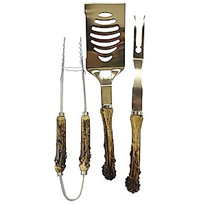 Pine Ridge Antler Handle 3 Piece Grilling Utensils Set - for Barbecue Outdoors Style Cooking, BBQ Starter Pack Tools, Smoker Accessories, Stainless Steel Metal Tongs, Fork, Spatula Utensils