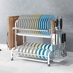 2-Tier Dish Rack, Colture Stainless Steel Dish Drying Rack with Utensil Holder and Drain Board Wine Glass Holder Easy-Storage Rustproof Kitchen Counter Dish Drainer Rack Organizer, Silver