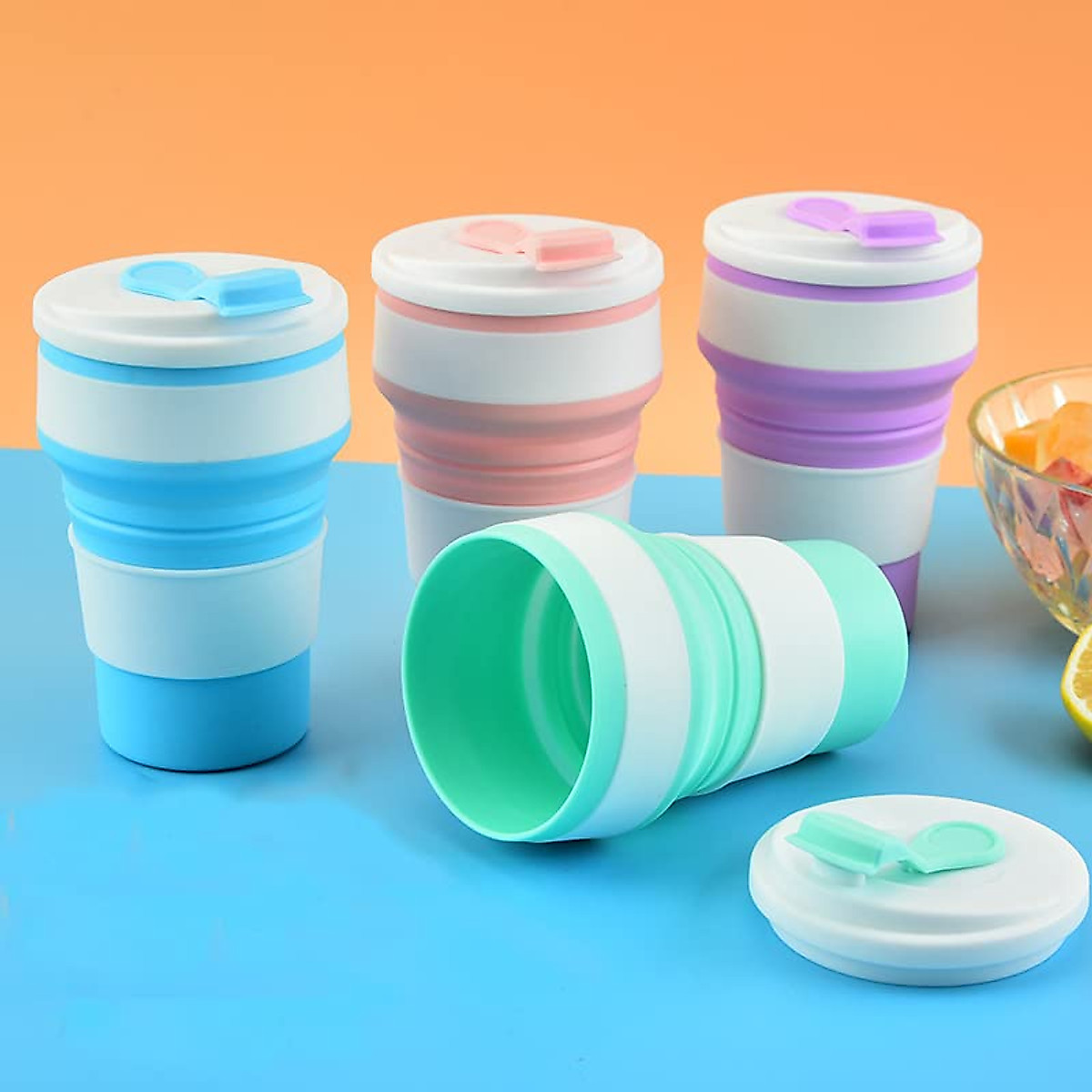 Collapsible Coffee Cups for Travel, Portable Foldable Travel Coffee Mug Silicone Collapsible Travel Cup 350ml Foldable Travel Mug with Lids Reusable Portable Bottle for Camping, Blue