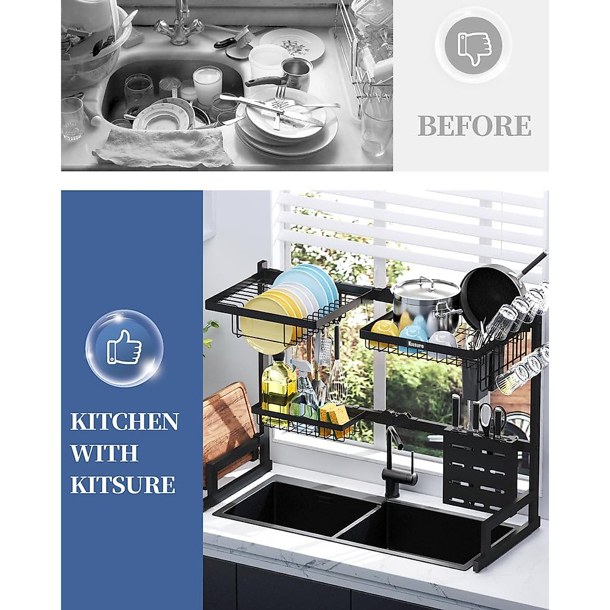 Kitsure Dish Drying Rack - Adjustable & Space-Saving Dish Rack（29.5-35.5in）, Over-The-Sink Dish Drying Rack, Multifunctional Kitchen Dish Drying Rack, Stainless Steel Dish Drying Rack