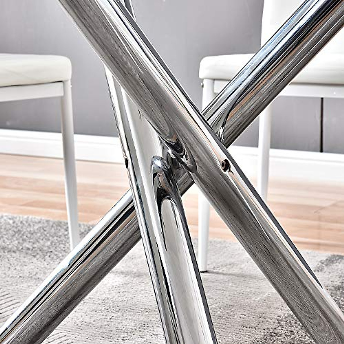 Dining Table with Chairs Set,4HOMART YVONNE&F.L.A.M. 5PCS Round Glass Table Set Modern Tempered Glass Top Table with 4 PU Leather Chairs Dining Room Furniture