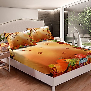Fall Pumpkin Bed Sheets Set Halloween Themed Sheet Set Boys Girls Maple Leaves Decor Sheets with Deep Pocket Fitted Sheet Microfiber Pumpkin Festival Bed ing Set Bed OOM Full Size