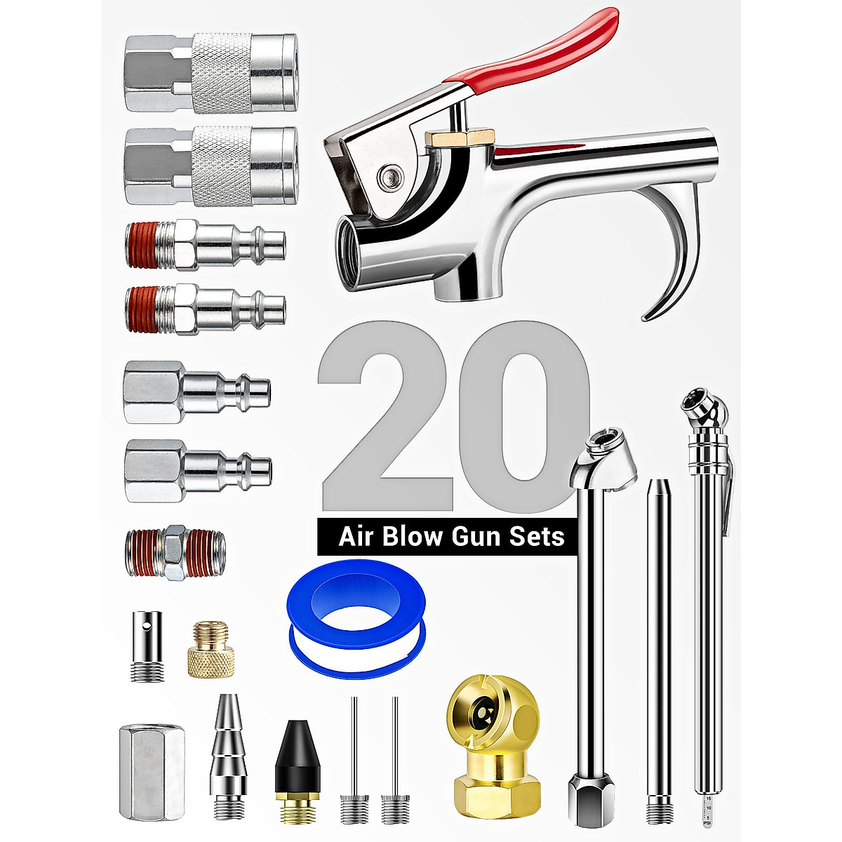 SARDVISA 20 Pcs Air Tool Kit, Air Compressor Kit with 1/4" NPT Quick Connect Coupler & Plug/Tire Air Chucks/Tire Gauge/Air Nozzles/Air Hose Fittings, Pneumatic Tools for Air Compressor Accessories