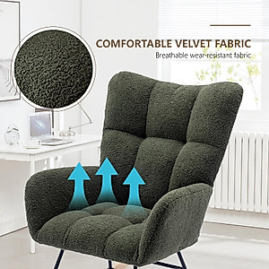 Rocking Chair Nursery, Teddy Upholstered Glider Rocker, Modern Accent Chair with High Backrest Padded Seat Pocket, Cozy Armchair Side Chair for Living Room, Bedroom, Office, Balcony, Dark Green