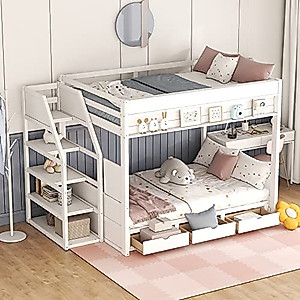 SOFTSEA Full Over Futon/Full Bunk Bed with Storage Staircases, Convertible Couch and Bed with Drawers, Wood Bunk Bed Frame for Kids Teens, No Box Spring Needed (White)