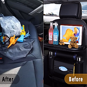 SHOFOYOC 2 Pack Car Backseat Organizer with Tablet Holder,Foldable PU Leather Car Back Seat Table Tray,Kick Mats BackSeat Storage Bag,9 Storage Pockets Seat Back Protectors for Toys Drinks Books Pens