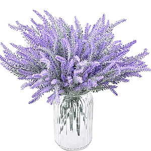 XONOR 12 Bouquets Artificial Flocking Lavender Flowers Fake Lavender Plant for Wedding Home Decor Office Table Garden Patio Decoration (Purple)