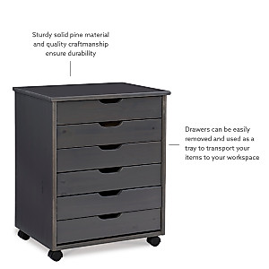 Linon Home Decor Products Corinne Six Drawer Wide, Grey Rolling Cart