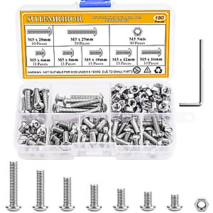 Sutemribor 180Pcs M5 Stainless Steel Button Head Hex Socket Head Cap Bolts Screws Nuts Assortment Kit + Wrench