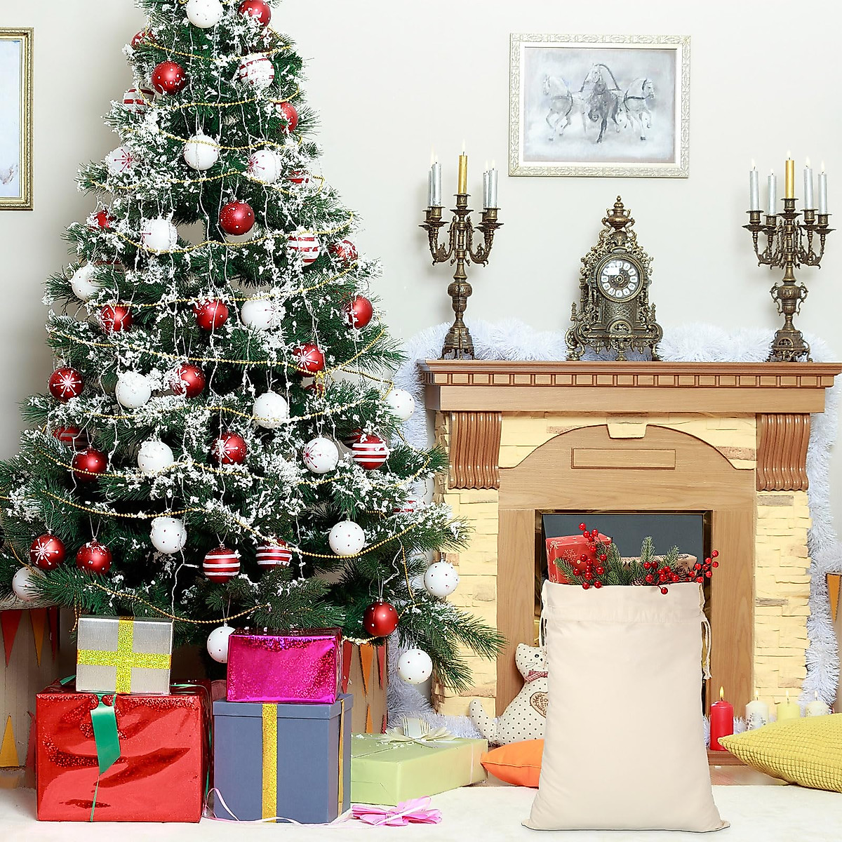 Abbylike 12 Pcs Santa Sublimation Blank Christmas Sacks with Drawstring Large Christmas Natural Cotton Heavy Duty Sack Laundry Bags for Xmas Gift Giving Sublimation Drawstring Bags 18.9 x 26.8 Inch