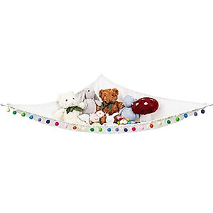 Mkono Stuffed Animal Net or Hammock Hanging Boho Stuff Animals Toy Storage Organizer with Colorful Pom Pom Balls Large Plush Hammock Corner Macrame Toys Holder for Nursery Bedroom Kid's Room, Large