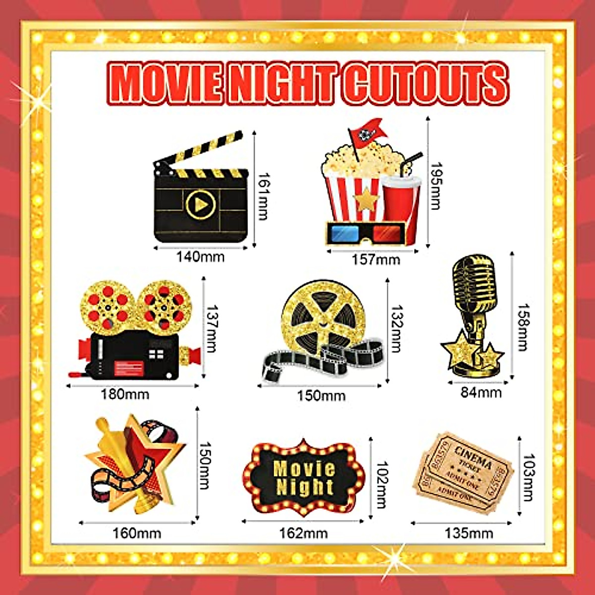 Fumete 32 Pieces Movie Night Party Cutouts Movie Party Decorations Kit Double Sided Printing Golden Black Paper Cards Red Carpet Clapboard Movie Tickets Film Reel Decor for Movie Night Party Supplies