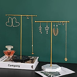 Jewelry Stand Display Necklace Holder T-Bar Plated Metal Tabletop Jewelry Organizer Tower for Show Jewelry Hanging Pendant Earring Bracelet Ring Accessorie with Black Marble Plywood Bases.