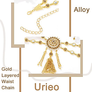 Urieo Tassel Rhinestone Waist Chain Belt Crystal Gold Belly Chains Layered Adjustable Dress Chain Belts Body Jewelry Accessories for Women