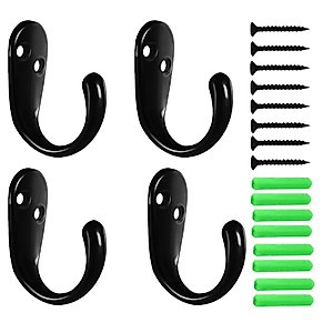 Kruodop 4 Pack Wall Hooks Wall Mounted Coat Hooks for Hanging Heavy Duty, Black Towel Hooks, Metal Single Coat Hanger with Screws Cup Retro for Coats, Handbags, Towels
