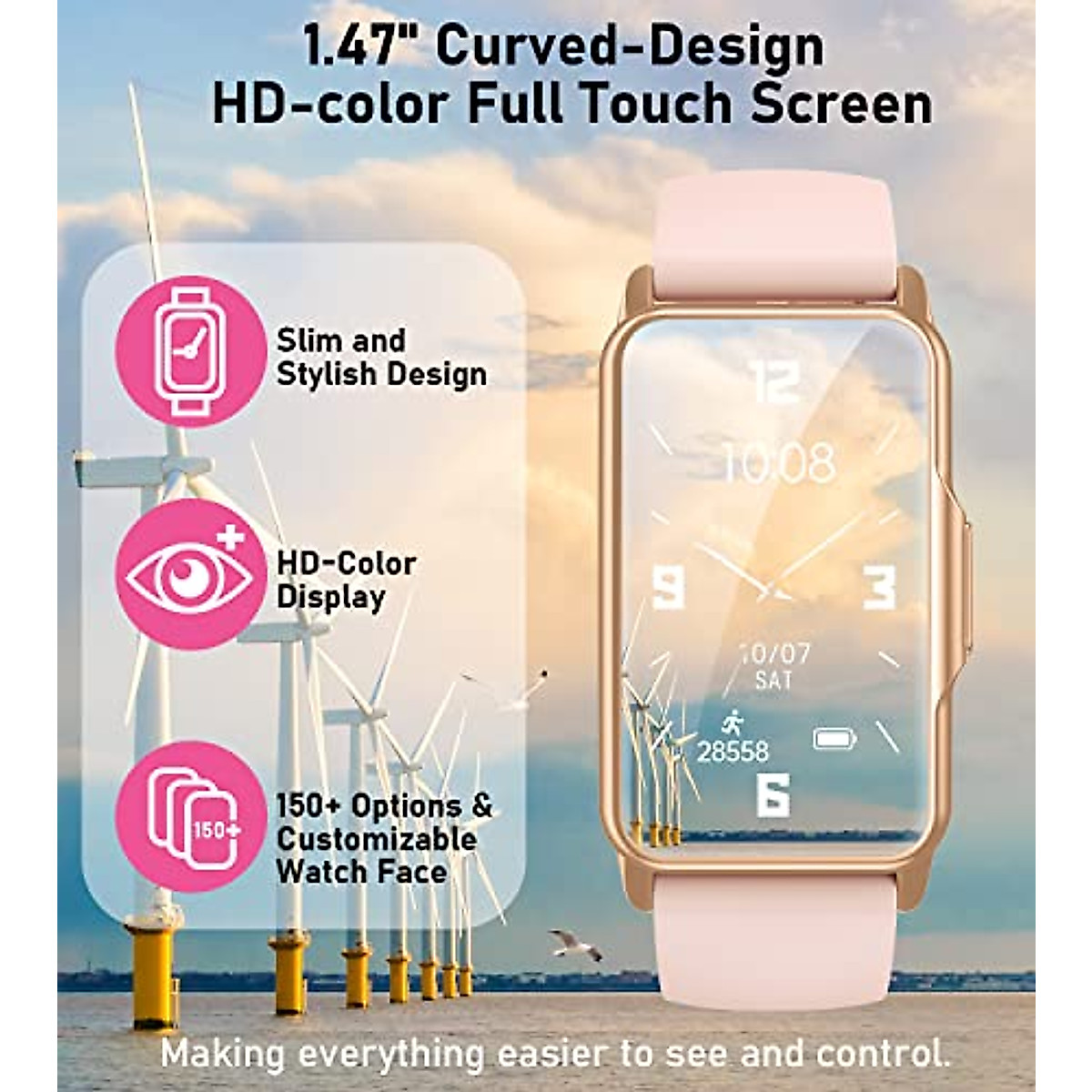 Smart Watch Fitness Tracker with Heart Rate Blood Oxygen Blood Pressure Sleep Monitor 100 Sports Modes Step Calorie Counter Activity Health Trackers IP68 Waterproof for Android Phones iPhone Women Men