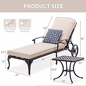 HOMEFUN Chaise Lounge Outdoor with Side Table, Aluminum Pool Lounge Chairs for Outside with Beige Cushions Coffee Table Wheels Adjustable Reclining, Patio Furniture Set, Pack of 3(Antique Bronze)