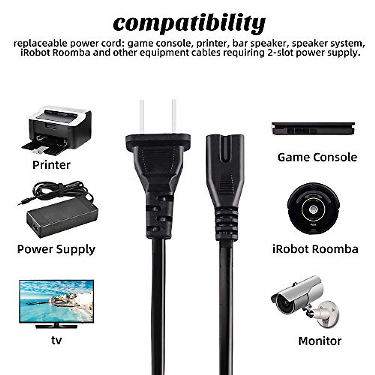 2 Prong AC Power Cord Cable Compatible with Xbox One S/Xbox One X/Xbox Series X/S Game Console, for Sony Playstation PS4 PS3 PS2 Slim/PSP/PSV Supply Plug Replacement (5ft)