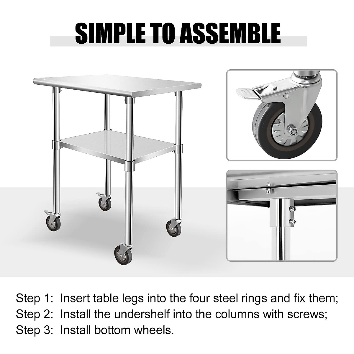 KODOM Food Prep Stainless Steel Table 36" x 30", Heavy Duty Workbench with Adjustable Under Shelf, Commercial Worktable with 4 Casters for Commerical Kitchen, Restaurant, Home and Hotel