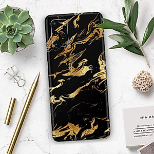 DesignSkinz Black & Gold Marble Swirl V11 Protective Vinyl Decal Wrap Skin Cover Compatible with The Samsung Galaxy S20 (Screen Trim & Back Glass Skin)