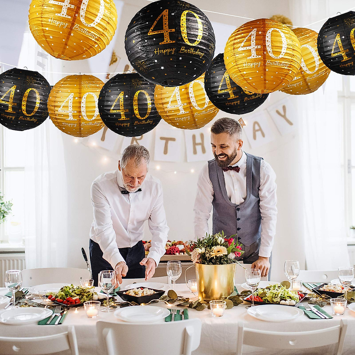 6 Pieces Birthday Party Decorations Hanging Paper Lanterns Black Gold Glittery Anniversary Party Birthday Sign Decorations for Men Women Teen Birthday Party Decorations Supplies (40th Style)