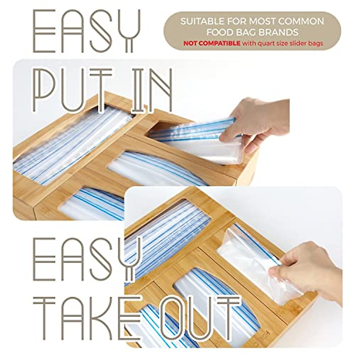 IOCREATIVE Ziplock Bag Storage Organizer - Food Baggie Holder for Kitchen Drawer - Sandwich, Snack, Quart & Gallon variety size bags - Compatible with Ziploc, Solimo, Glad, Hefty - Bamboo