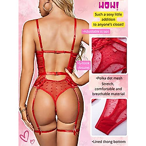 Kaei&Shi Bodysuit Lingerie for Women,Plunge Underwire Floral Lace Teddy Lingerie,Sexy Cutout Thong One Piece Body Suit with Garter Boudoir Red Medium