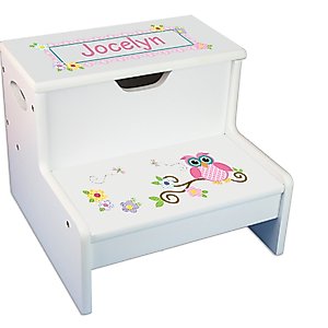 Personalized Pink Owl White Childrens Step Stool with Storage