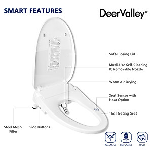 Bidet Seats, DeerValley DV-1S0018 Electronic Bidet Toilet Seat, Smart Toilet Seat with Sensor Seat Heating, Warm Air Dryer, Nightlight, Multiple Wash Methods, Self-Cleaning Nozzle, White