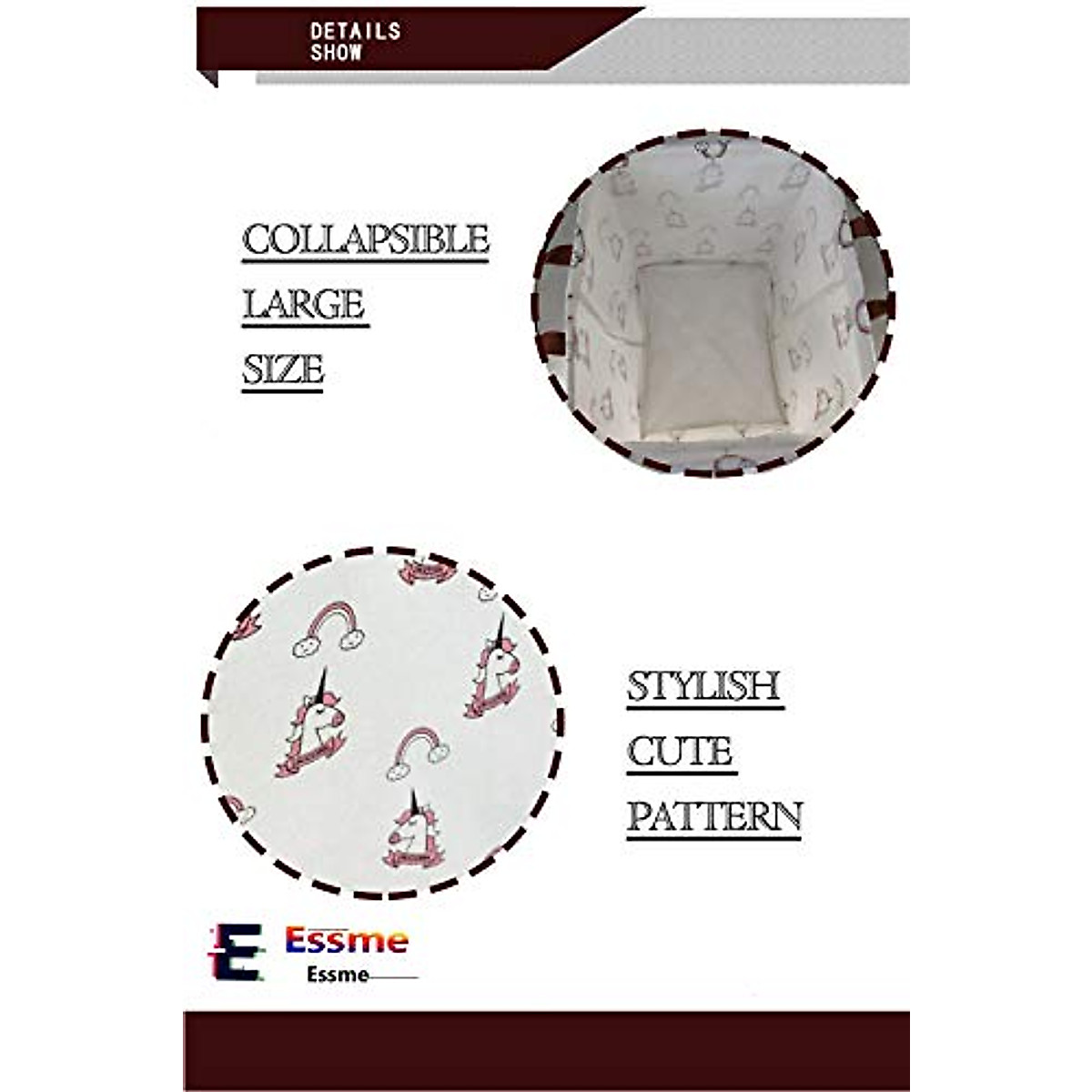 ESSME 3PACK Square Storage Bin,Cotton Fabric Laundry Baskets,Collapsible Waterproof Toy Storage Bin with Handles for Family Storage,Shelf Baskets,Bedroom(Rainbow Unicorns)