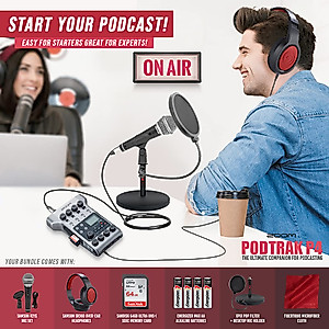 ZOOM PODTRAK P4 THE ULTIMATE RECORDER FOR PODCASTING with 64GB Memory Card, Samson R21S Dynamic Microphone, Samson SR360 Over-Ear Dynamic Stereo Headphones, and Essential Accessories Bundle