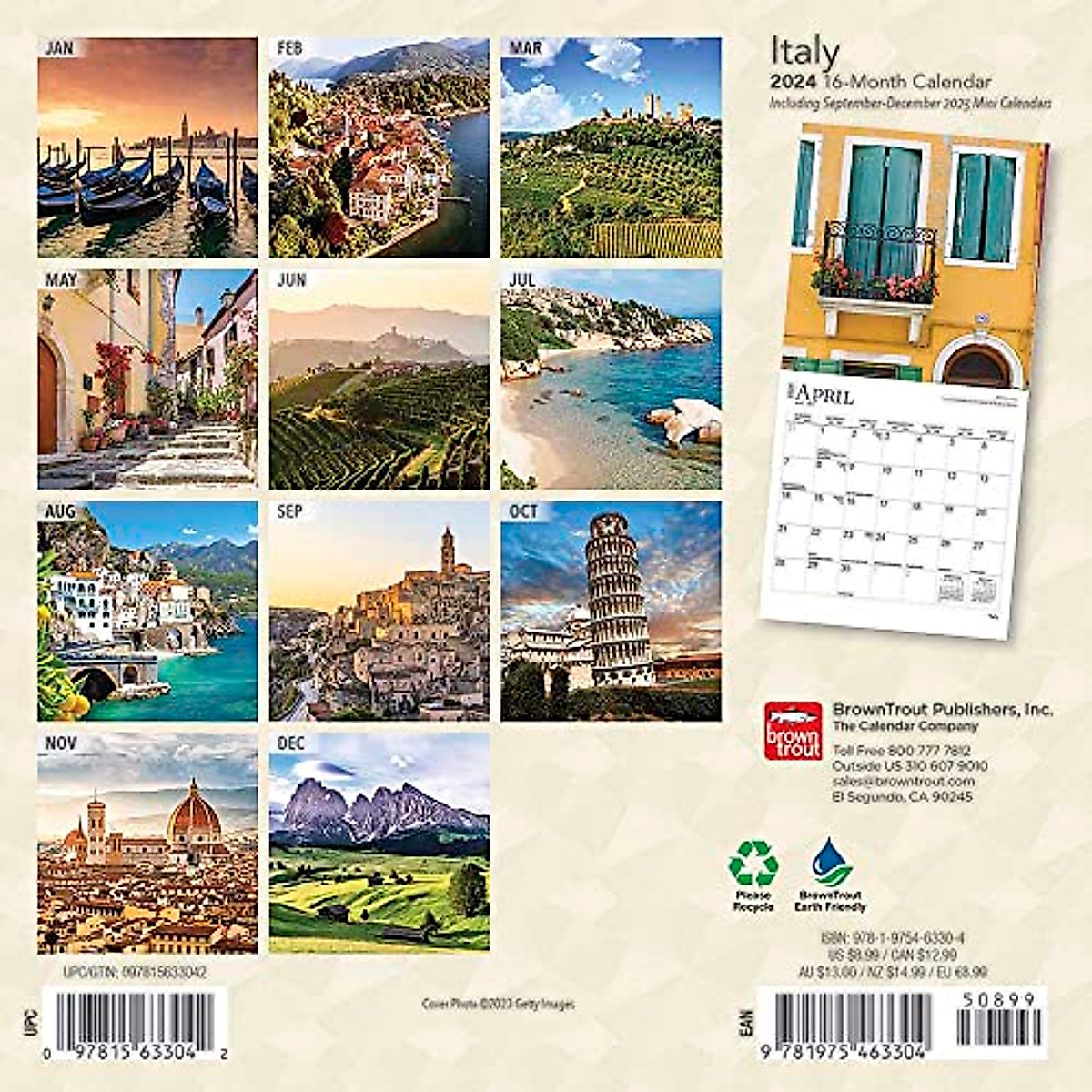 Italy | 2024 7 x 14 Inch Monthly Mini Wall Calendar | BrownTrout | Scenic Travel Europe Italian Venice Rome