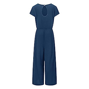 Mitiy Women's Short Sleeve Loose Wide Legs Casual Jumpsuits with Pockets