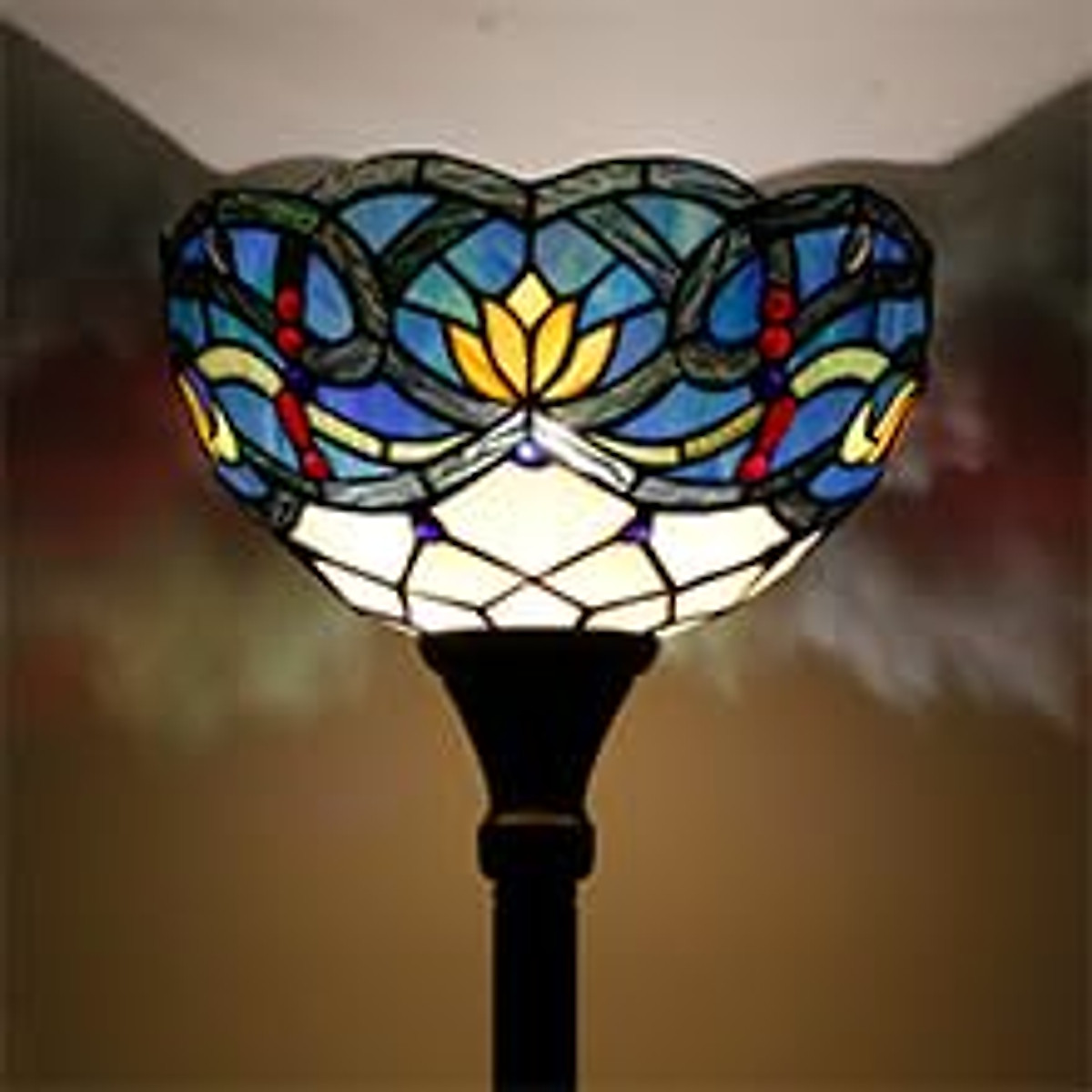 WERFACTORY Tiffany Floor Lamp Blue Lotus Flower Stained Glass Light 12X12X66 Inches Pole Torchiere Standing Corner Torch Uplight Decor Bedroom Living Room Home Office S220 Series
