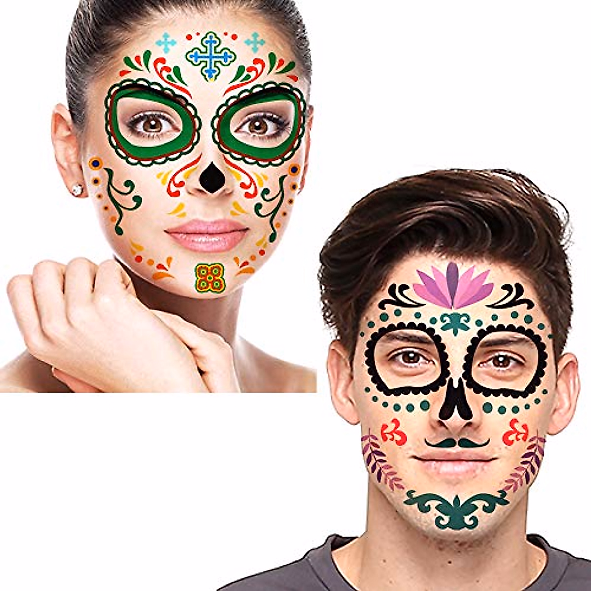 Halloween Temporary Face Tattoos (8Pack), Konsait Day of the Dead Sugar Skull Floral Black Skeleton Web Red Roses Full Face Mask Tattoo for Women Men Adult Kids Boys Halloween Party Favor Supplies