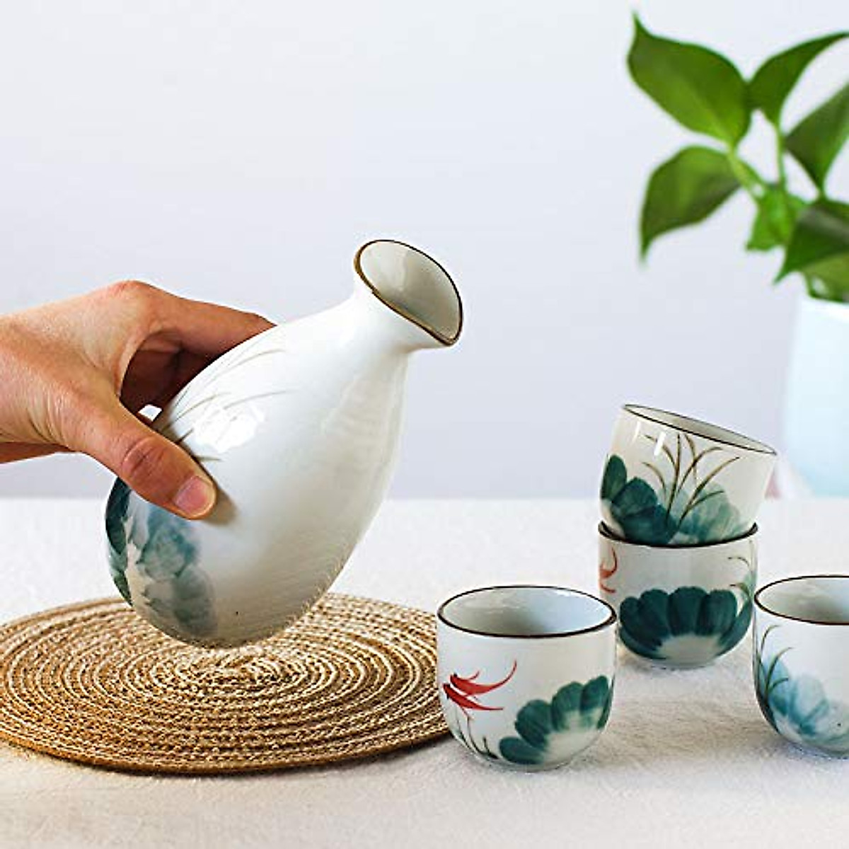 Caalio Japanese Sake Set - Porcelain Sake Tokkuri Bottle 8 fl oz and Four Sake Ochoko Cups 2 fl oz Sake Cups Soju Tea Set(Goldfish)