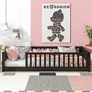 LLS Twin Floor Bed for Children, Durable Montessori Floor Bed with Sturdy Slats and Safety Fence, Solid Wood Floor Bed Frame for Girls Boys and Teens, Espresso (Without Door)