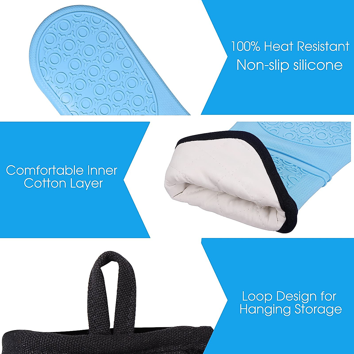 Silicone Oven Mitts and Pot Holders Sets, Extra Long Professional Heat Resistant Oven Gloves with Hot Pads, Quilted Liner, Non-Slip Textured Grip Safe for Kitchen Baking Cooking , 4-Piece Set (Blue)