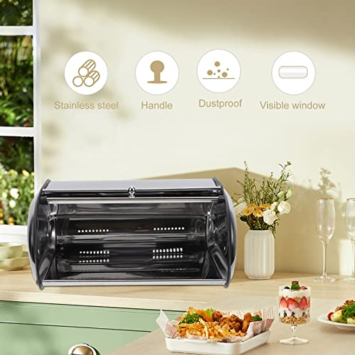 Tofficu Bread Storage Container Metal Bread Box Stainless Steel Roll Top Bread Bin Modern Bread Storage Holder Food Keeper Container Organizer with Lid for Kitchen Dining Metal Bread Box Roll Top