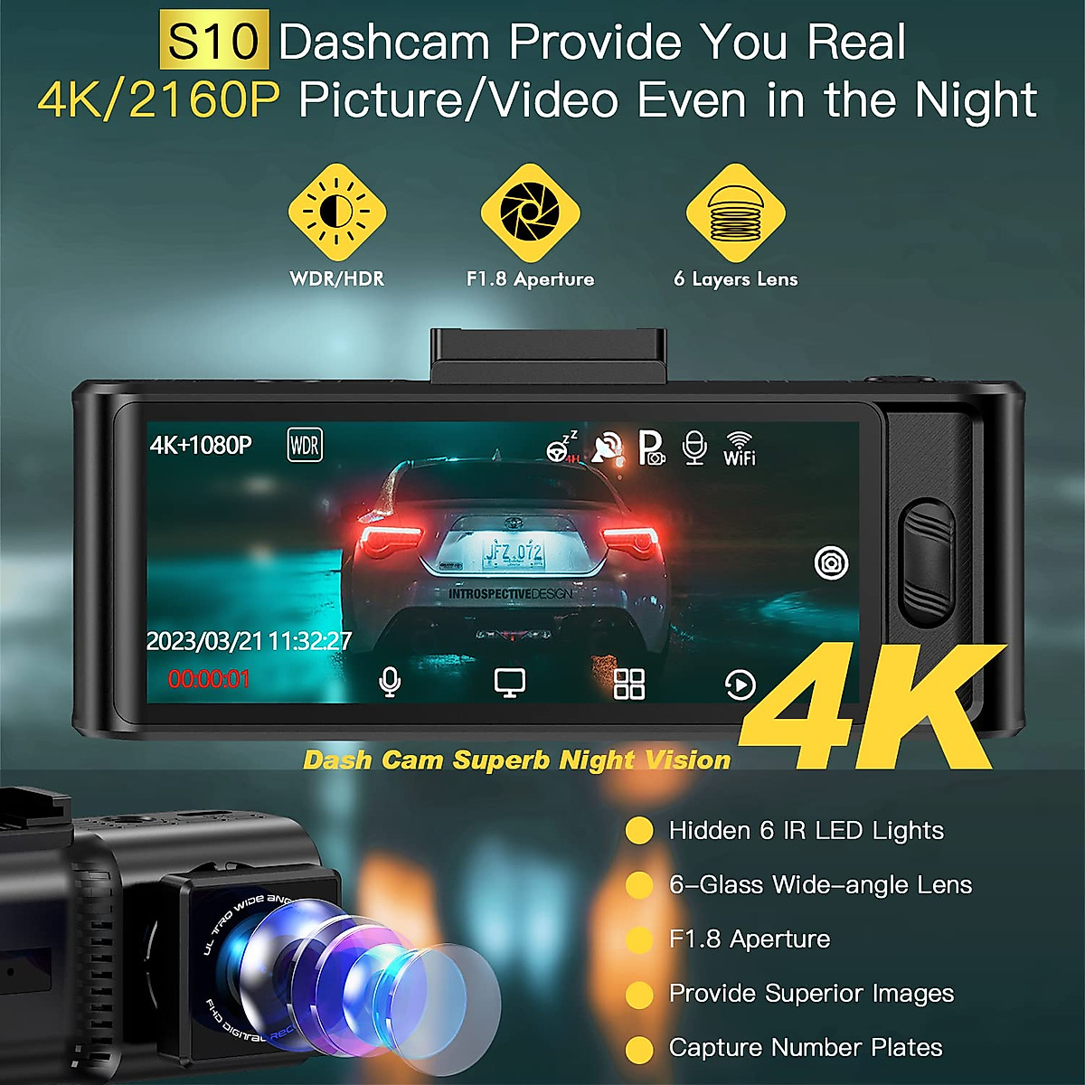 4K Dash Cam Front and Rear WiFi, Dash Cam 2160P 30fps Dash Camera for Cars W/GPS APP Car Camera W/Free 64GB Card, Dashcam W/Night Vision 24hrs Parking Mode G-Sensor Loop Recording WDR