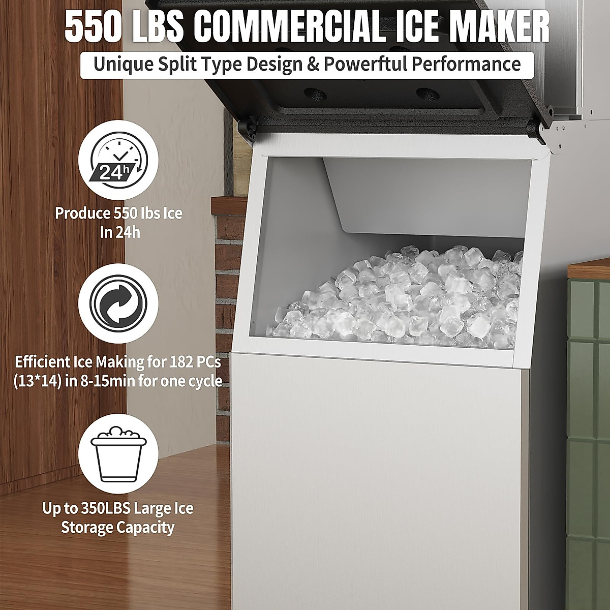 XPW Commercial Ice Maker Machine - 550LBS/24H with 350LBS Bin 110V 1200W Ultra Strong Compressor Stainless Steel Construction Fully Automatic Operation Perfect for Bar Restaurants and Business