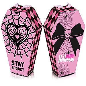 HOMEZZO 24 Pcs Pink Spider Web Coffin Boxes, Spooky Goth Black Conquette Halloween Coffin Paper Candy Treat Gift Boxes for Halloween Party Decorations