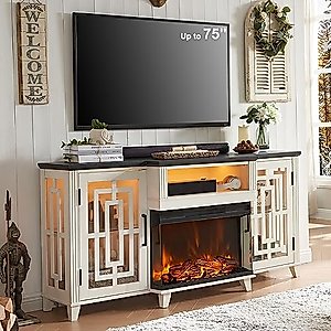 JXQTLINGMU 3-Sided Glass Fireplace TV Stand for 75 Inch TV w/LED Light, Farmhouse Highboy Entertainment Center w/26in Electric Fireplace, Large Media Console w/2 Storage Cabinet for Living Room, White