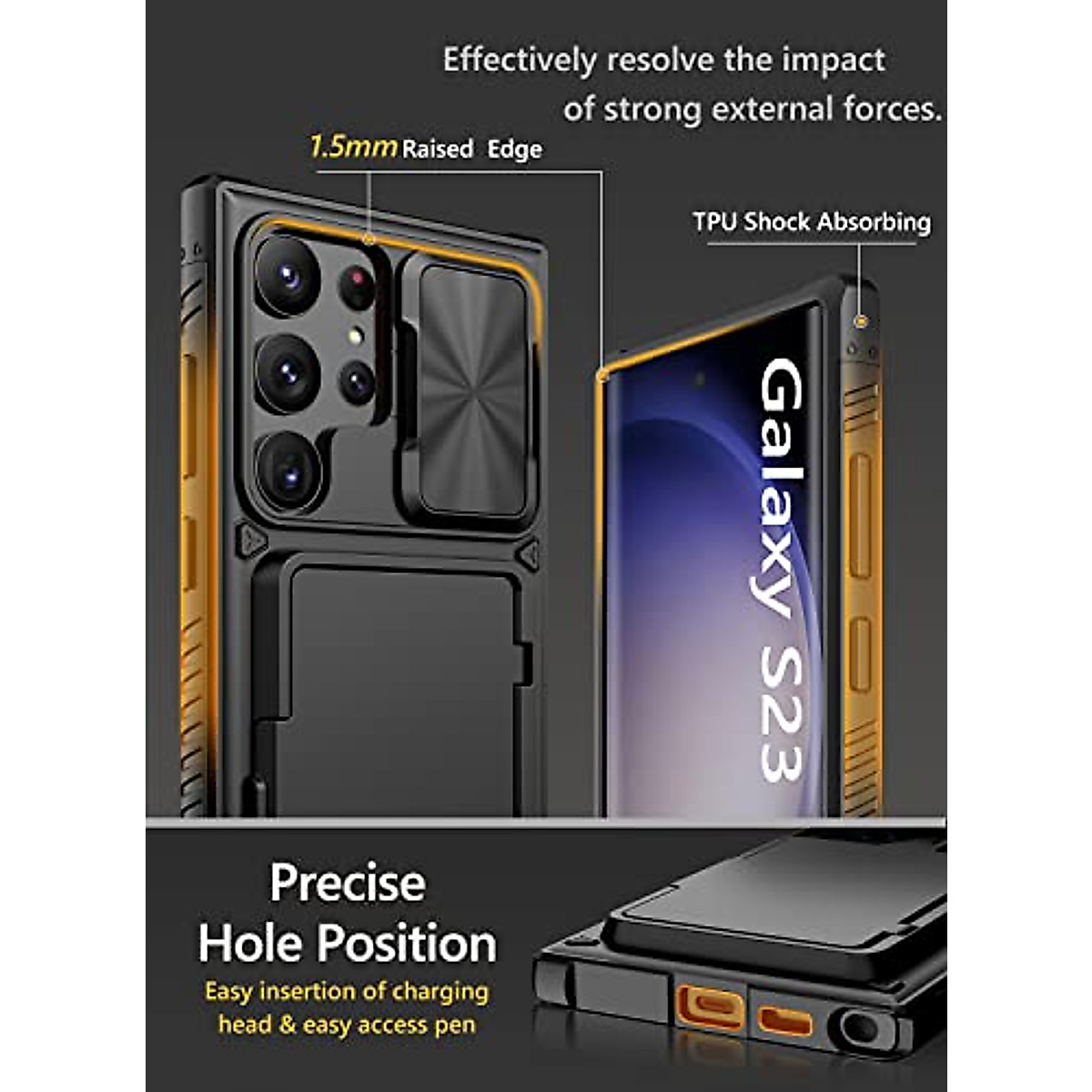 Vihibii Case with Card Holder (4 Cards) & Sliding Camera Cover & Kickstand, Shockproof Rugged Hard Back & TPU Edge Wallet Case for Samsung Galaxy S23 Ultra 5G 6.8" 2023 , Black